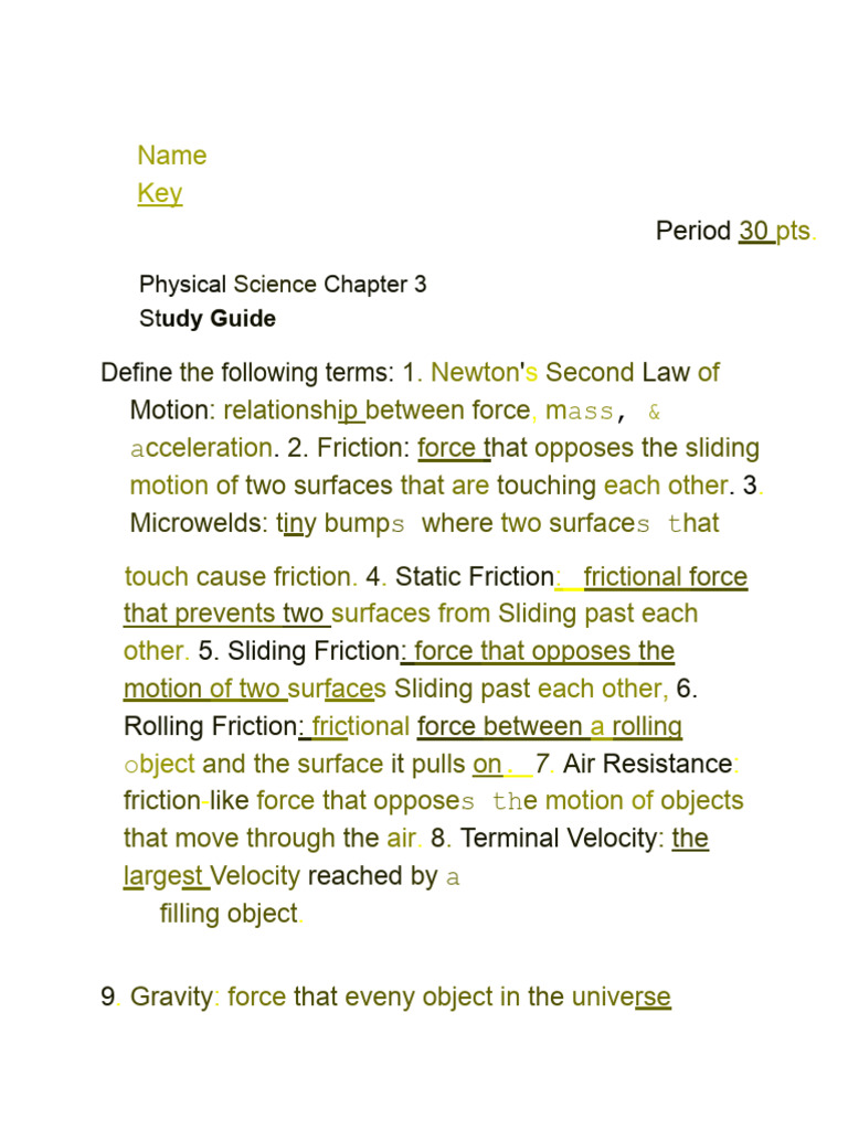 Ch. 3 Study Guide Answer Key | PDF | Force | Weight