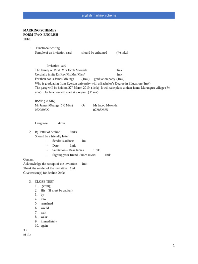 English Marking Schemes F2 | PDF