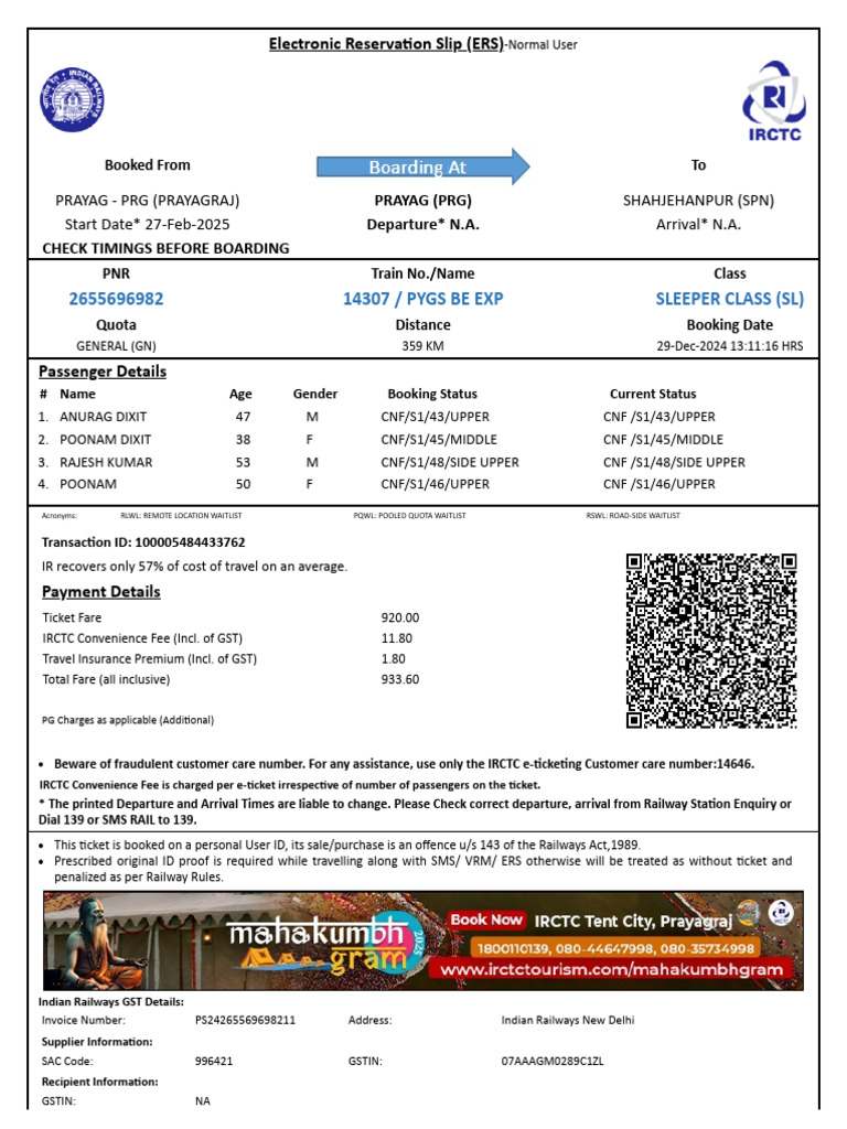 Annu Train Allahabad To SPN 2 | PDF | Identity Document | Payments