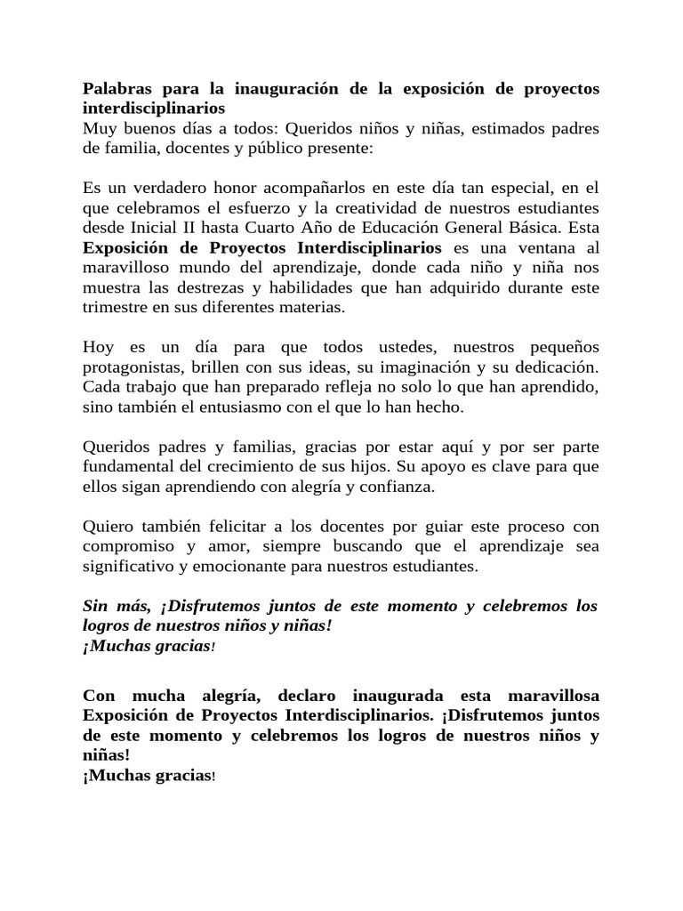 Palabras para La Inauguración de La Exposición de Proyectos ...