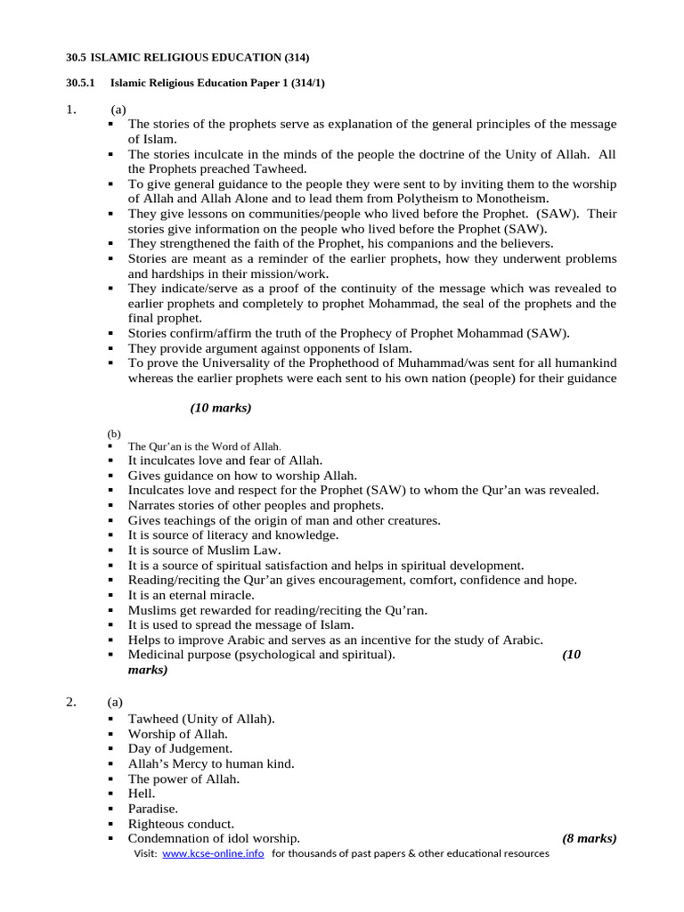 2008 Kcse Ire Paper 1 MS | PDF | Prophets And Messengers In Islam | Quran