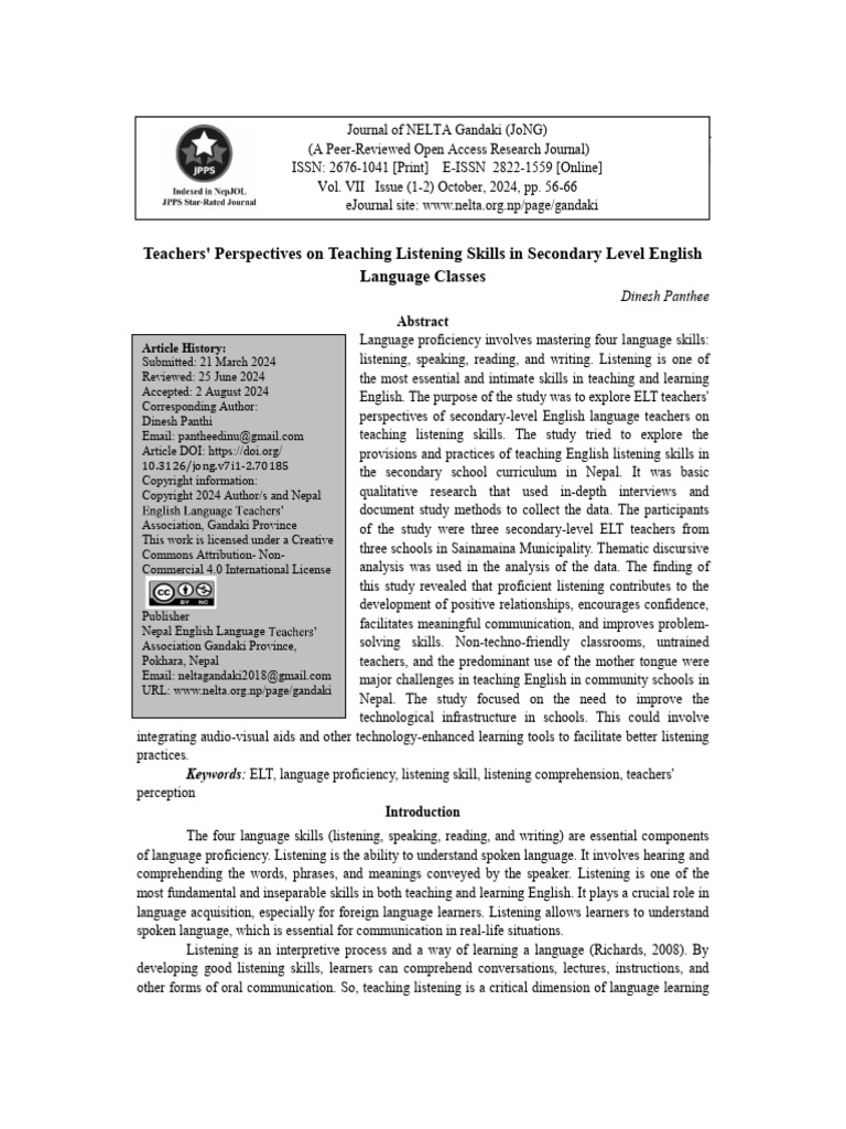 Teachers Perspectives On Teaching Listening Skills In Secondary Level