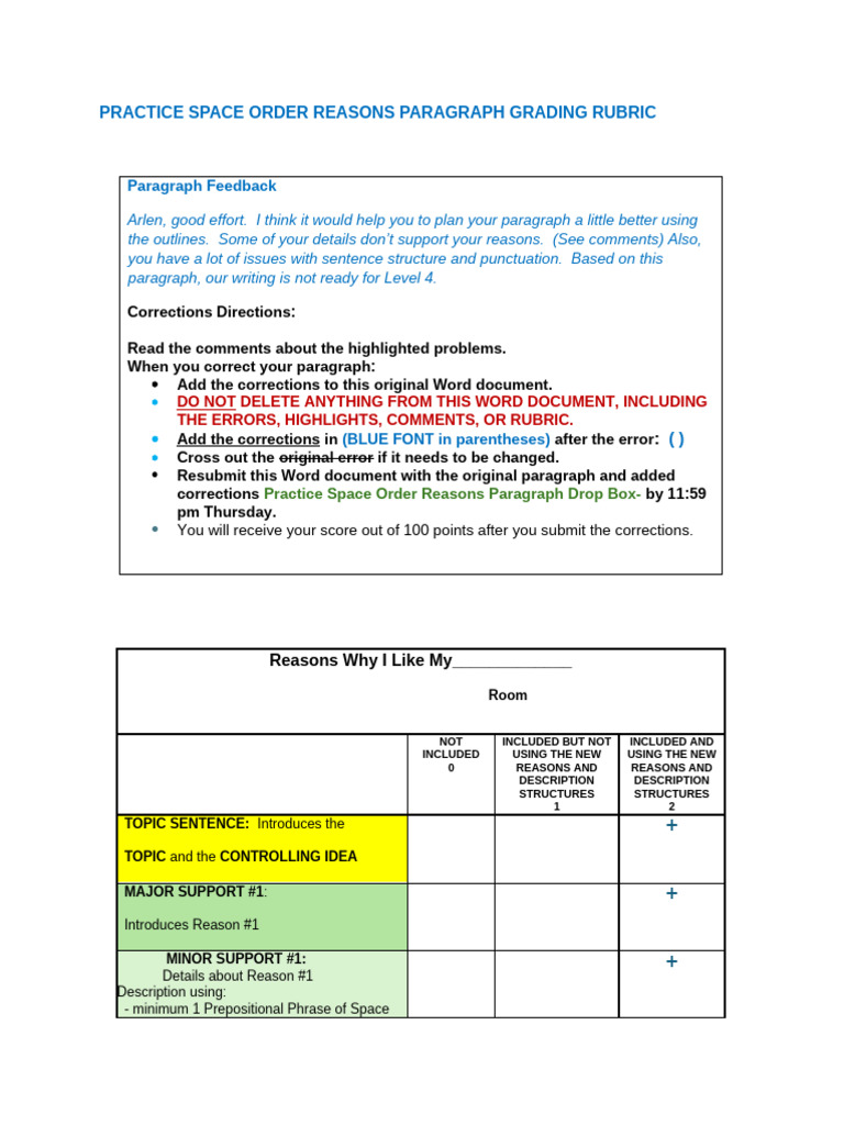 Practice Space Order Reasons Paragraph Grading Rubric | PDF | Bedroom ...