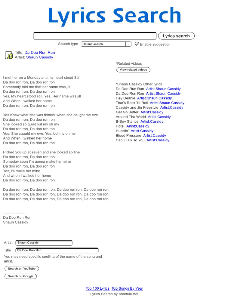 Da Doo Run Run - Shaun Cassidy Lyrics | PDF | Sound Recording ...