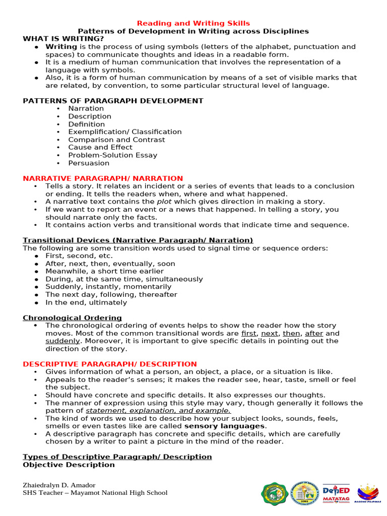 HANDOUT-PARAGRAPH-PATTERNS | PDF | Definition | Argument