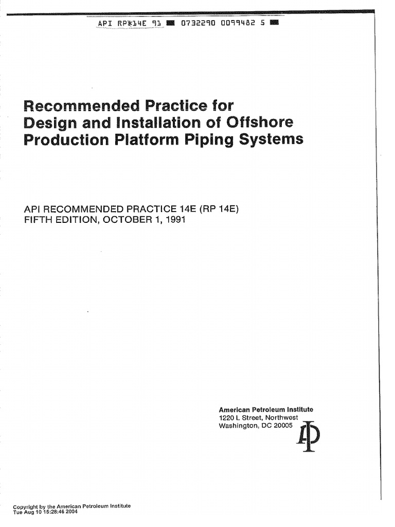 API Rp 14e Ed5 1991 Reccomm for Designampinstall of Offshore Production Platform Piping Sys ...