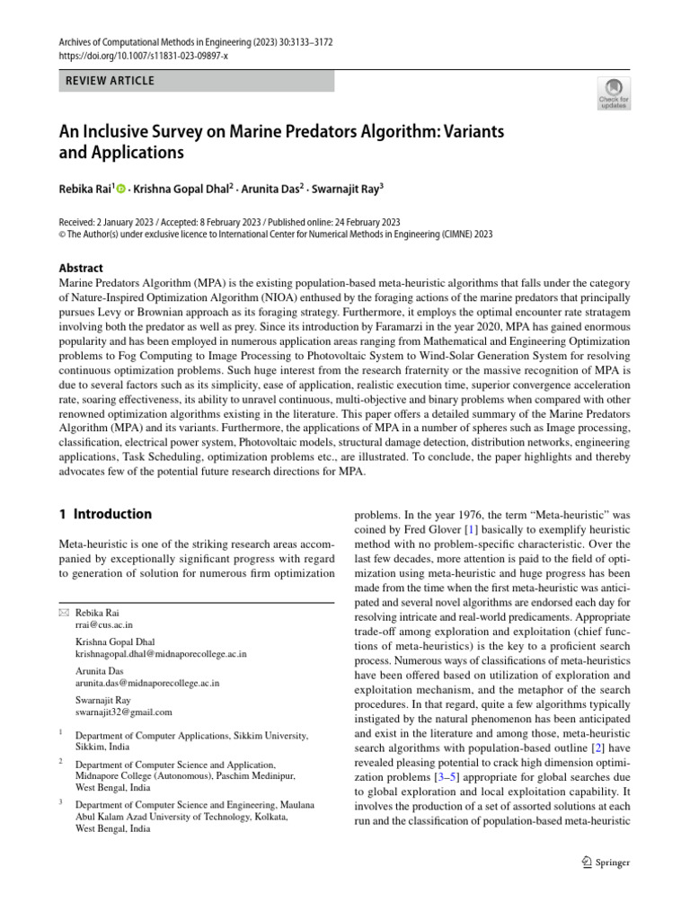 An Inclusive Survey On Marine Predators Algorithm: Variants and ...