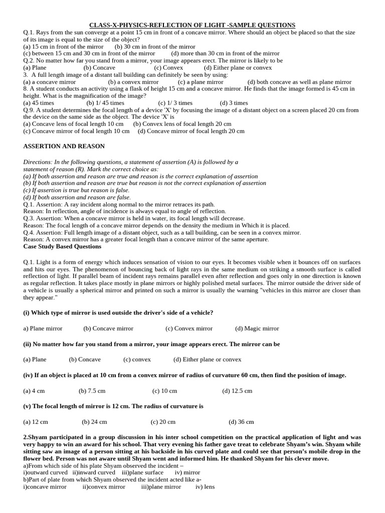 Reflection-Sample Questions | PDF | Mirror | Atomic
