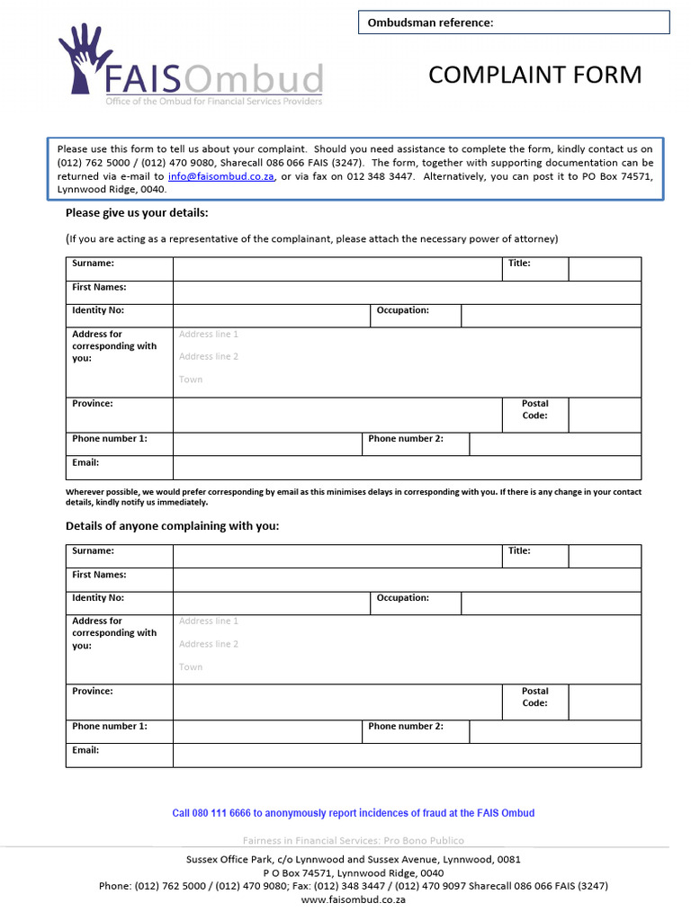 FAIS Ombud Complaint Form Guide | PDF | Justice | Crime & Violence