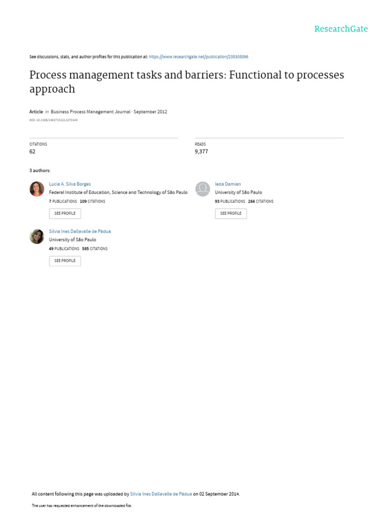 Process Management Tasks and Barriers: Functional To Processes Approach ...