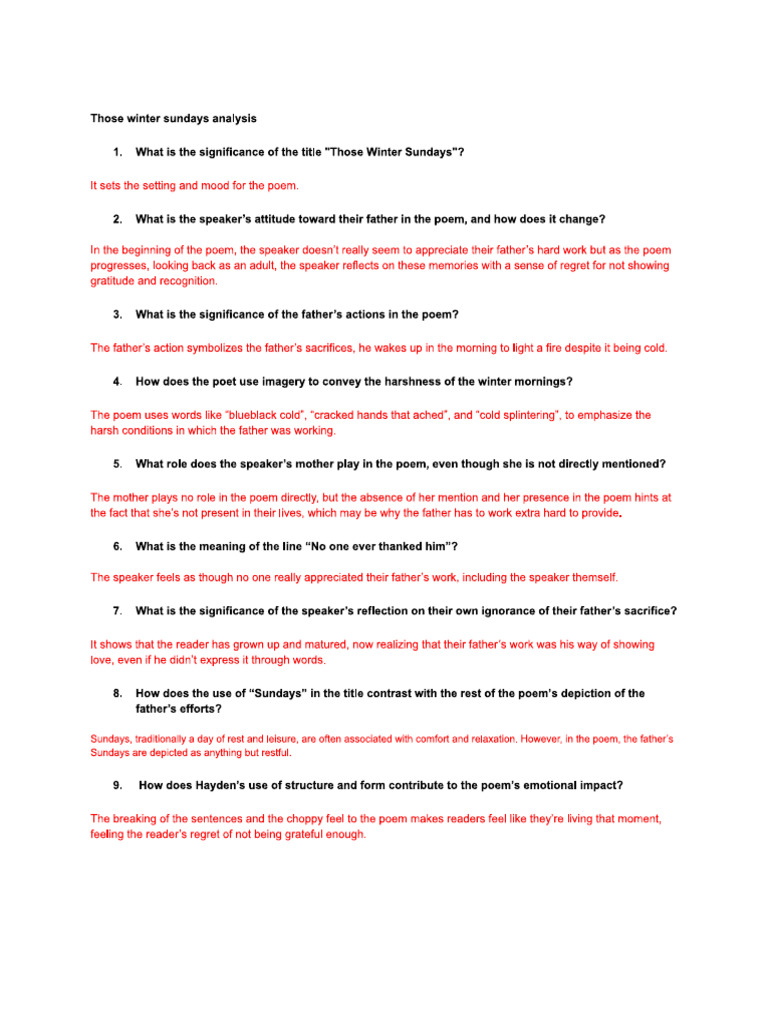 Those Winter Sundays Analysis | PDF