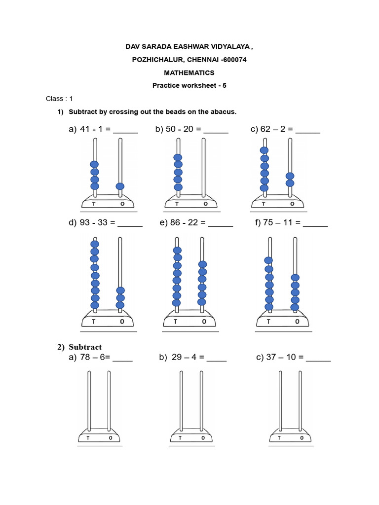 Class 1 - Math - Practice Worksheet 5 | PDF