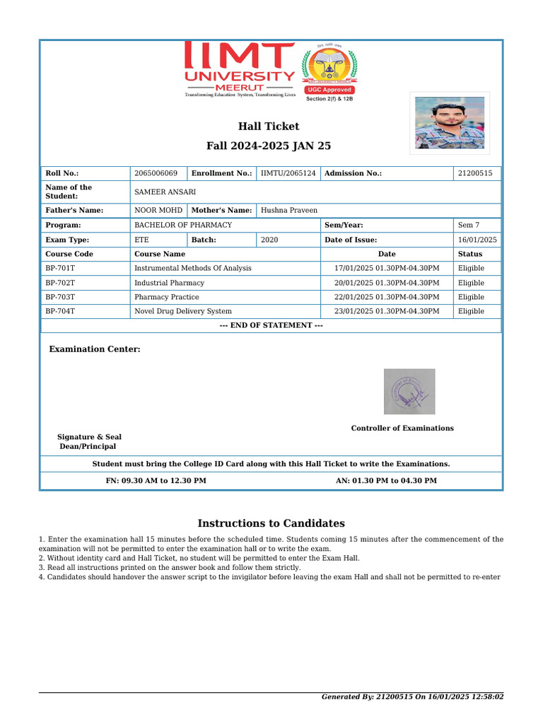 Sameer admit card | PDF