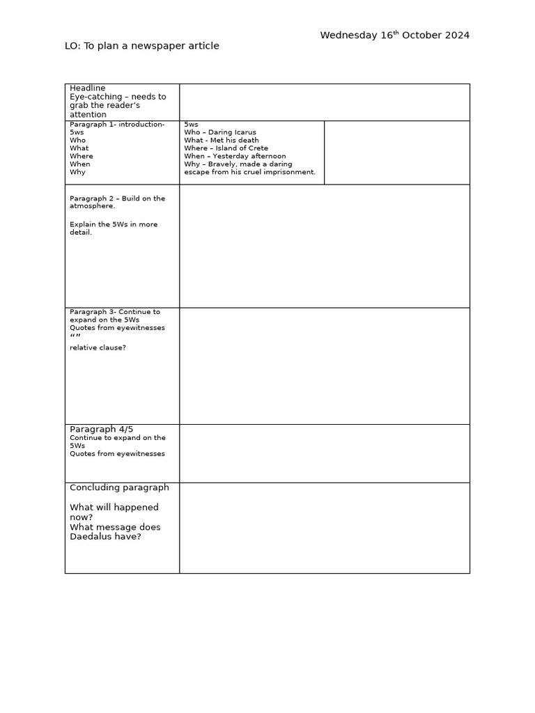 Planning a Newspaper Article Outline | PDF