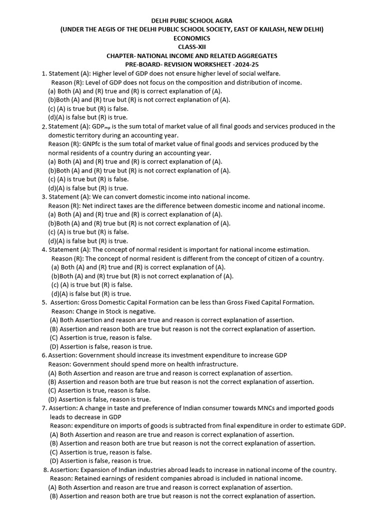 National Income Revision Worksheet for Class XII | PDF | Measures Of ...