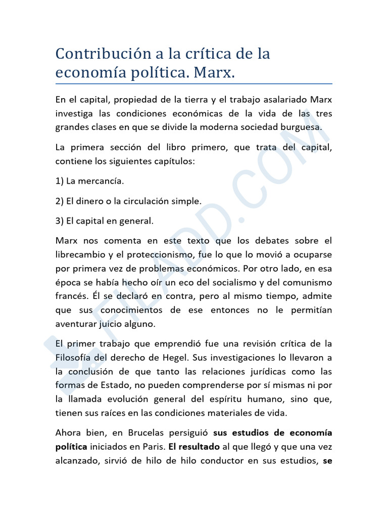Contribucion a la critica de la economia politica MARX | PDF | Karl Marx | Capital (economía)