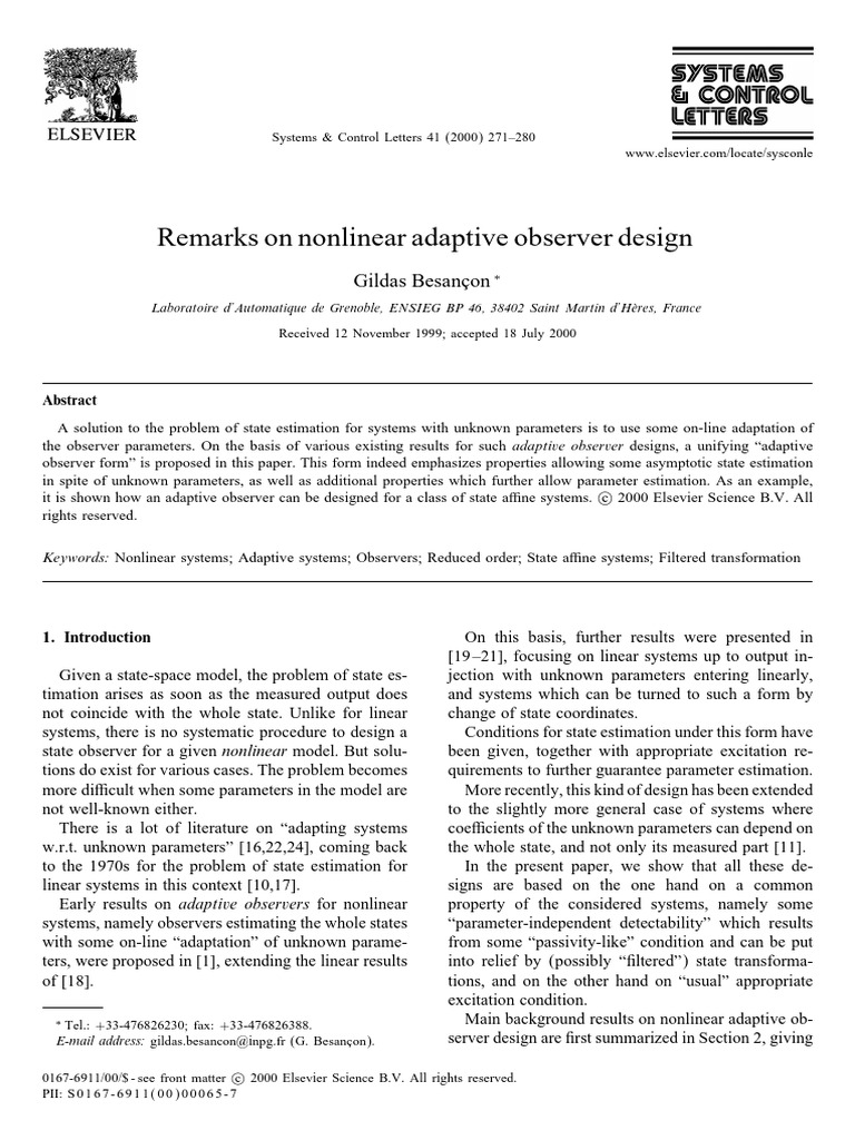 Besançon -- (2000) -- Remarks on Nonlinear Adaptive Observer Design ...