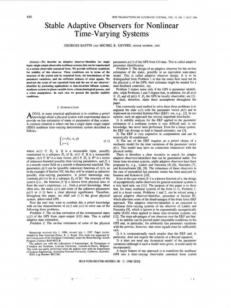 Bastin - Gevers - (1988) - Stable Adaptive Observers For Nonlinear Time-Varying Systems - (IEEE ...