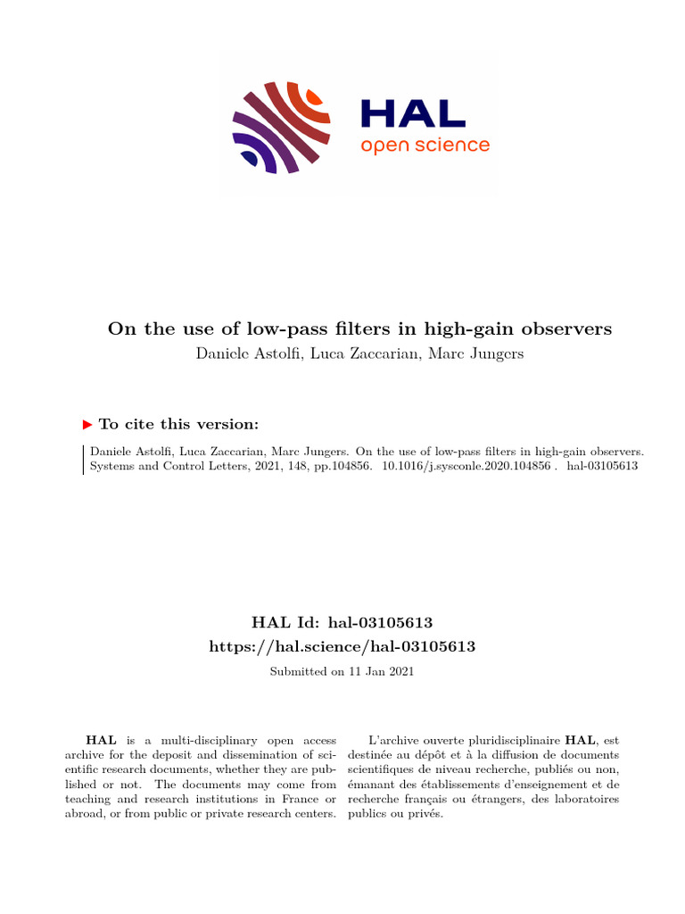 Astolfi Et Al - (2021) - On The Use of Low-Pass Filters in High-Gain Observers - (Systems ...