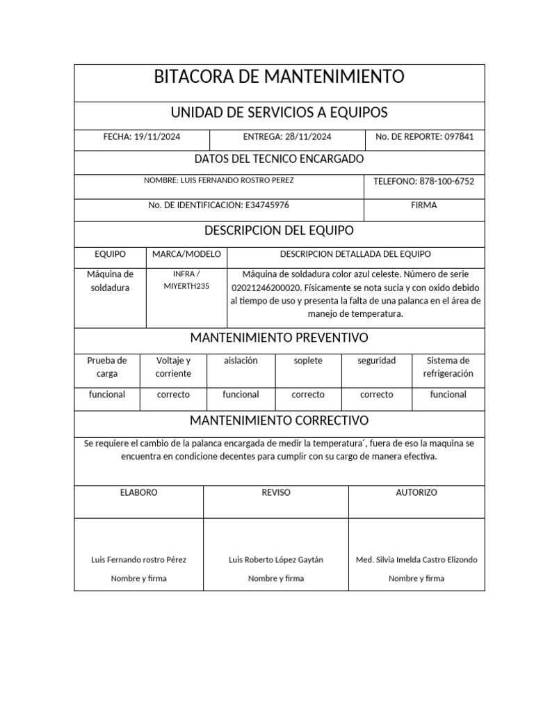 Bitácora de Mantenimiento | PDF