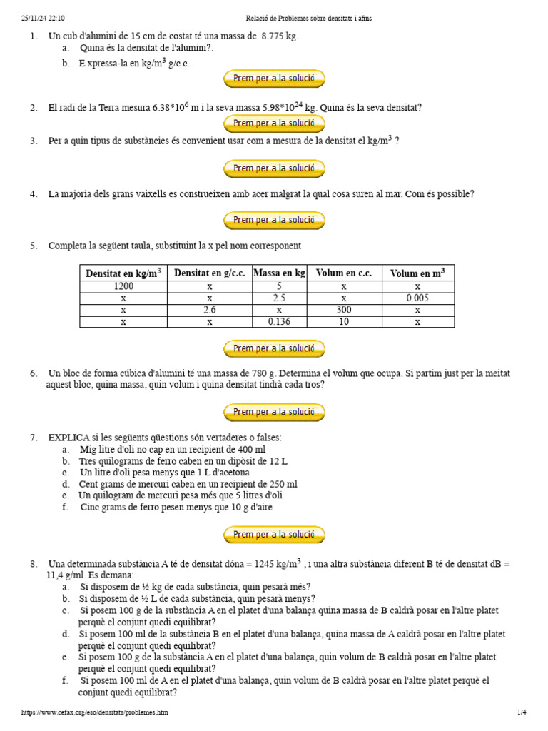 Problemes Sobre Concepte de Densitat | PDF