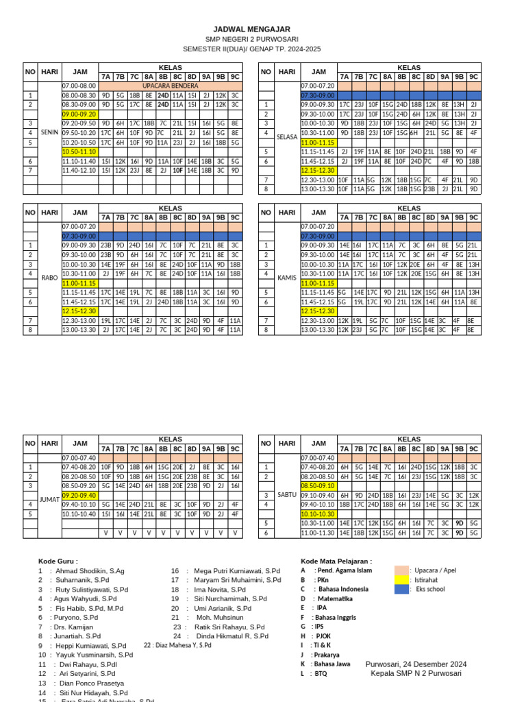 JADWAL PBM SEM GNP 2024-2025 - SMPN 2 Purwosari - Revisi | PDF