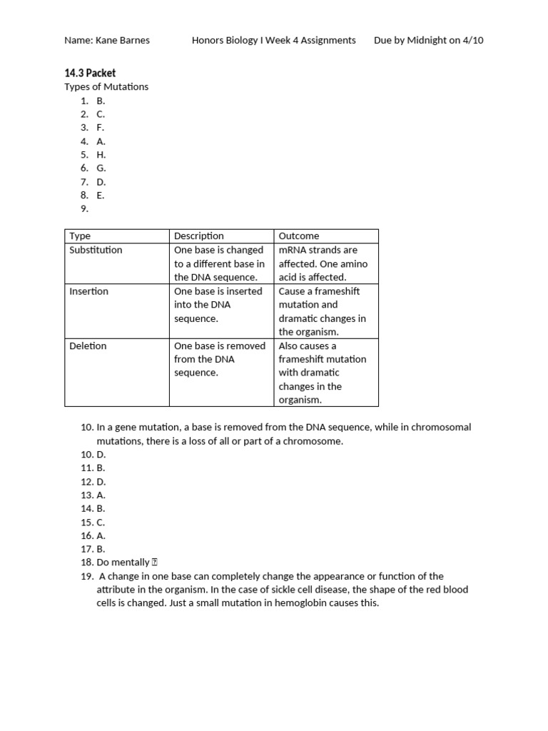 Week 4 Answer Sheet | PDF | Mutation | Point Mutation