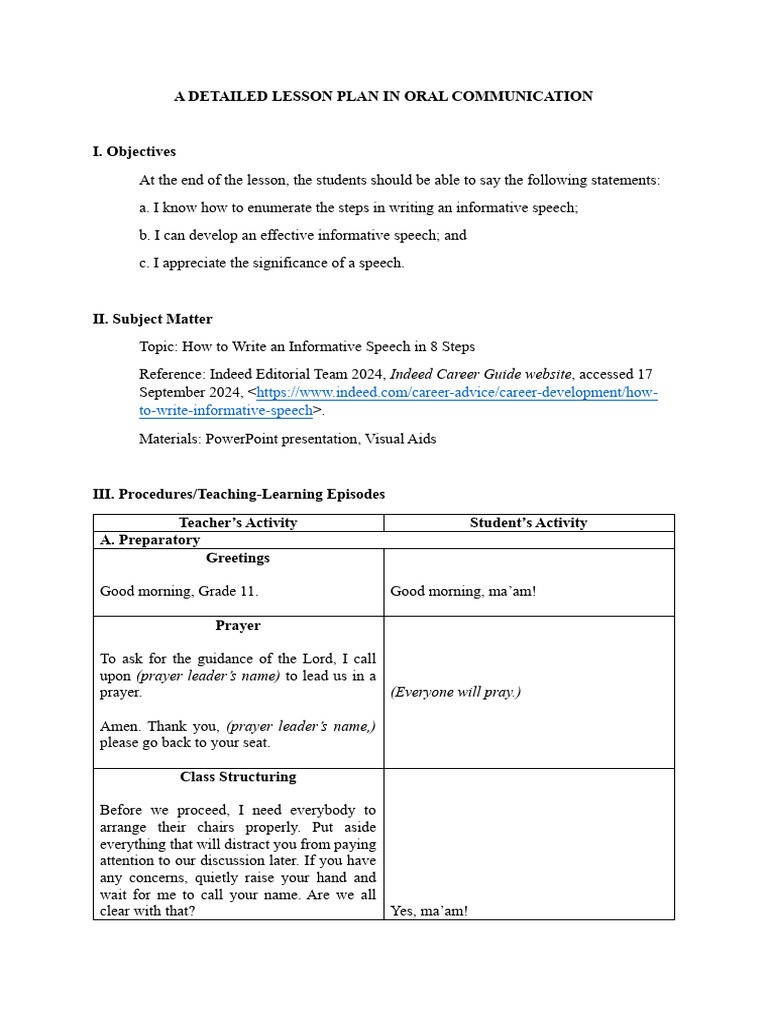 Lesson Plan - Oral Communication in Context (Informative Speech) | PDF ...