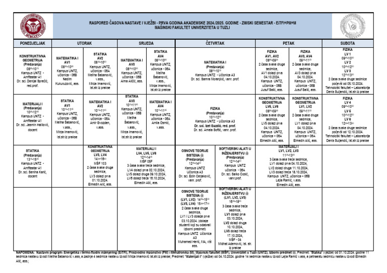 1 Raspored Casova Nastave 2024 2025 I Godina | PDF