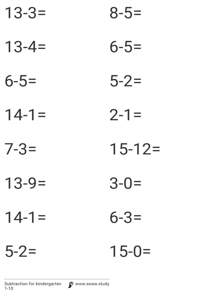 Subtraction for kindergarten 1-10 - Math Worksheet_ | PDF