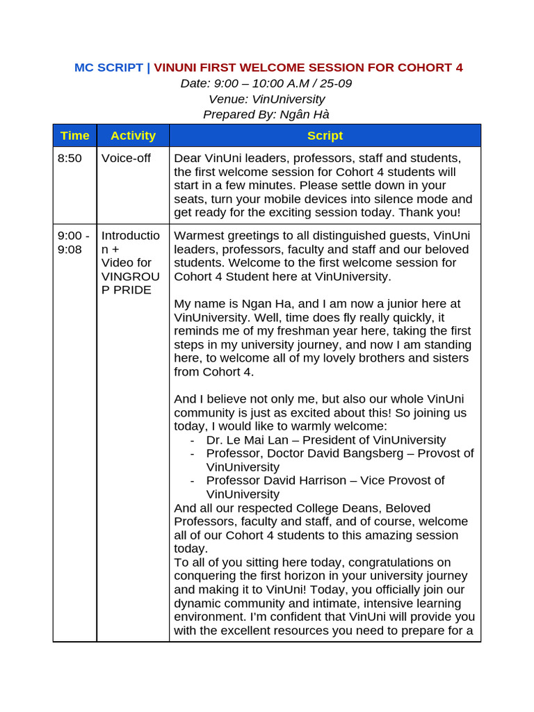VinUni First Welcome Session For Cohort 4 - MC Script | PDF