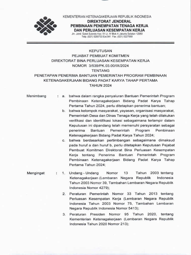 SK Penerima Bantuan Padat Karya Tahap 1 Tahun 2024 | PDF