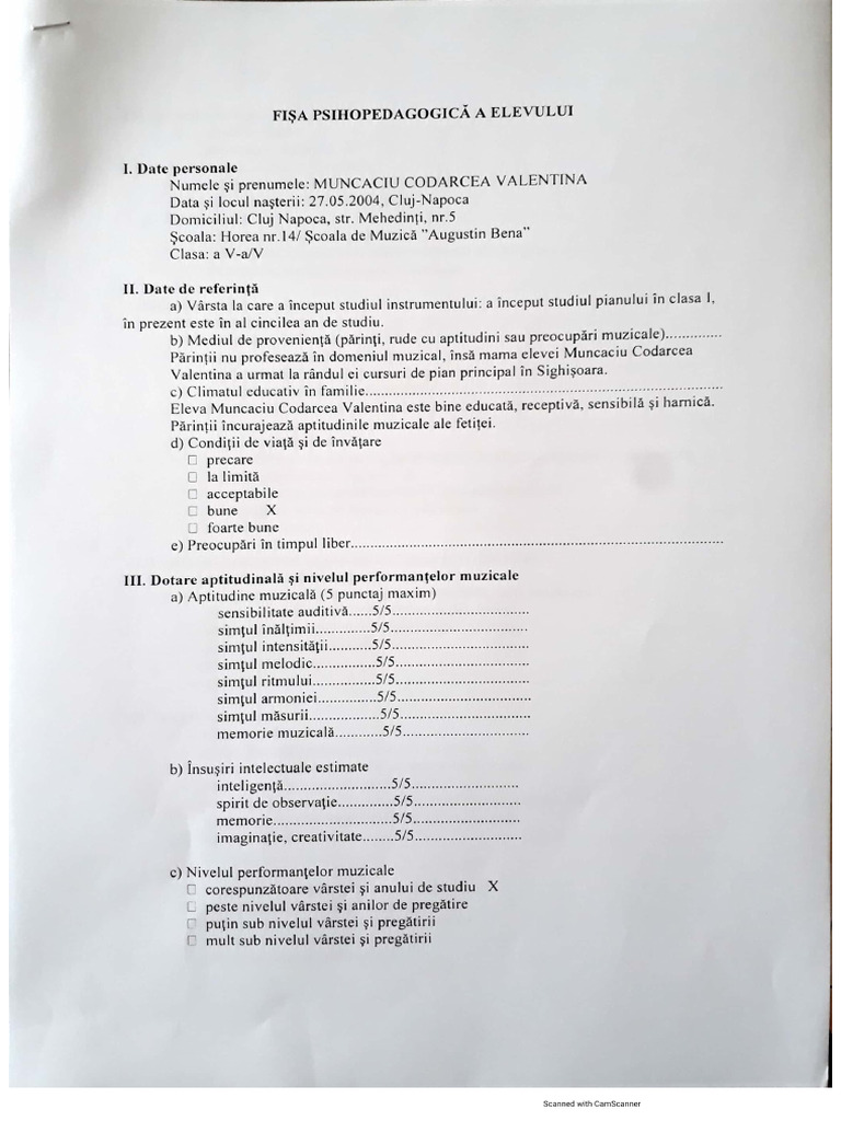 Fisa Psihopedagogica A Elevului (Completat) | PDF