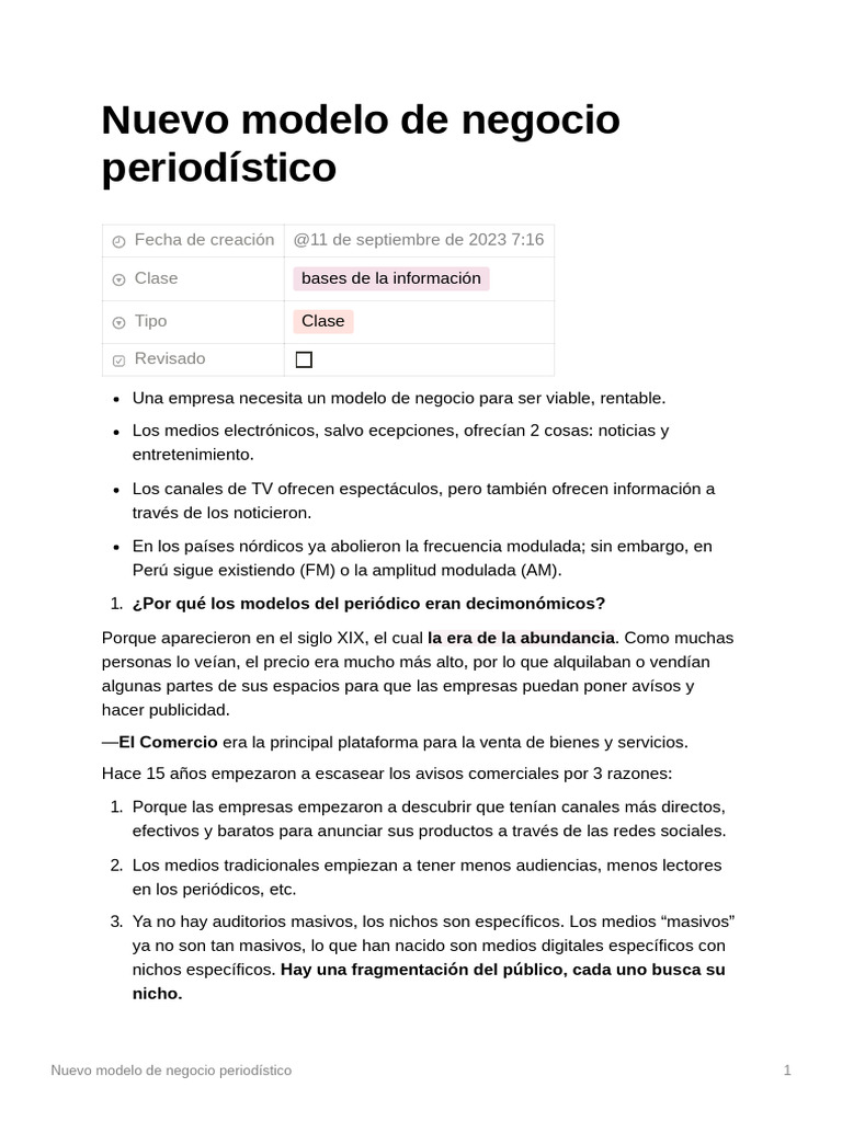 Nuevo Modelo de Negocio Periodístico: Fecha de Creación Clase Tipo ...