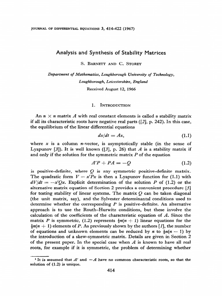 1967barnett - Analysis and Synthesis of Stability Matrices | PDF | Matrix (Mathematics ...