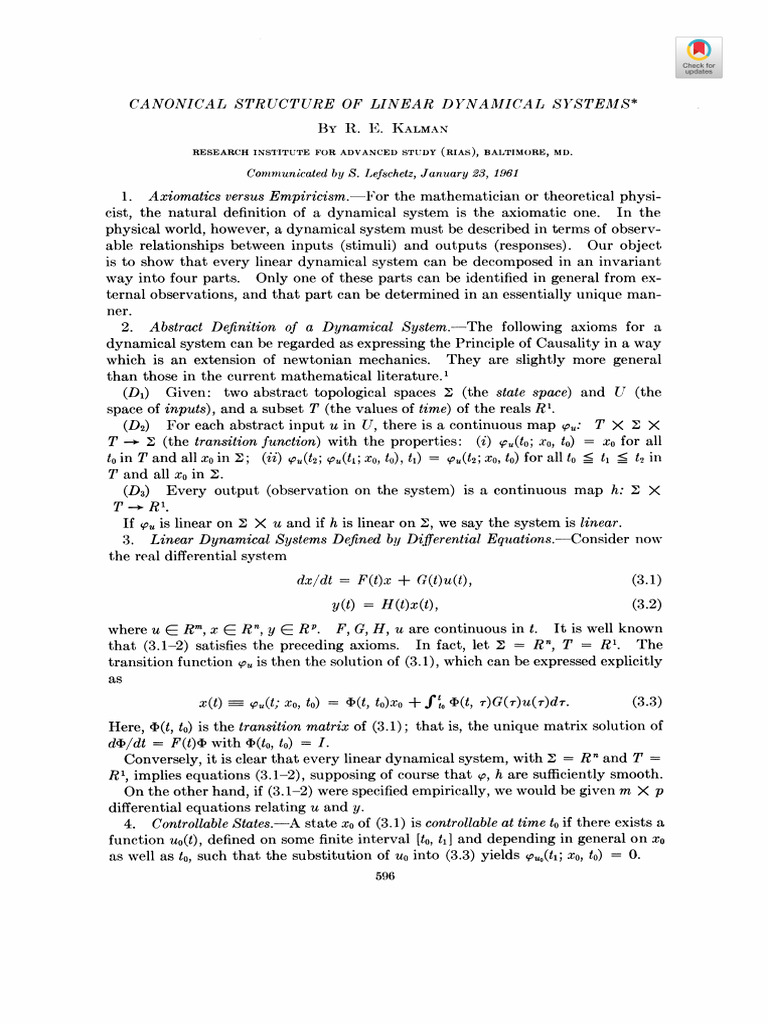 1962kalman - Canonical Structure of Linear Dynamical Systems | PDF | Function (Mathematics ...