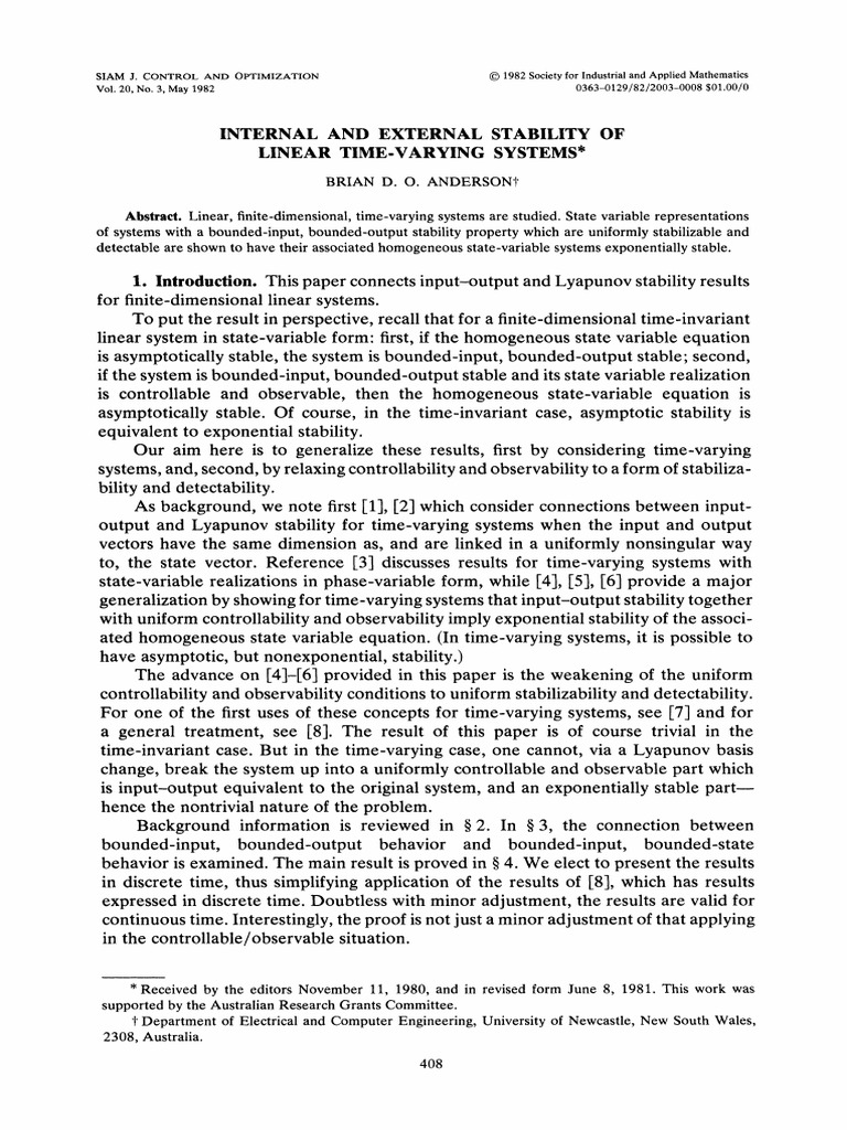 1982anderson - Internal and External Stability of Linear Time-Varying Systems | PDF | Stability ...