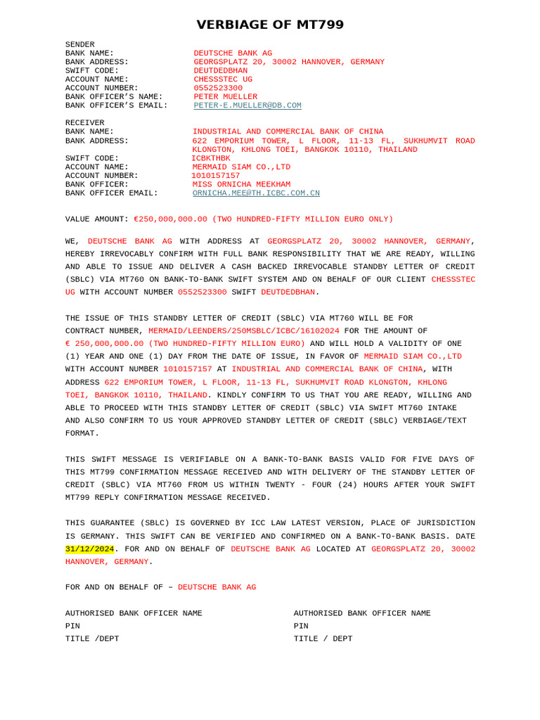 Mt799 Verbiage - Icbc - Chesstec Ug - SBLC 250m - 16.10.24 | PDF ...