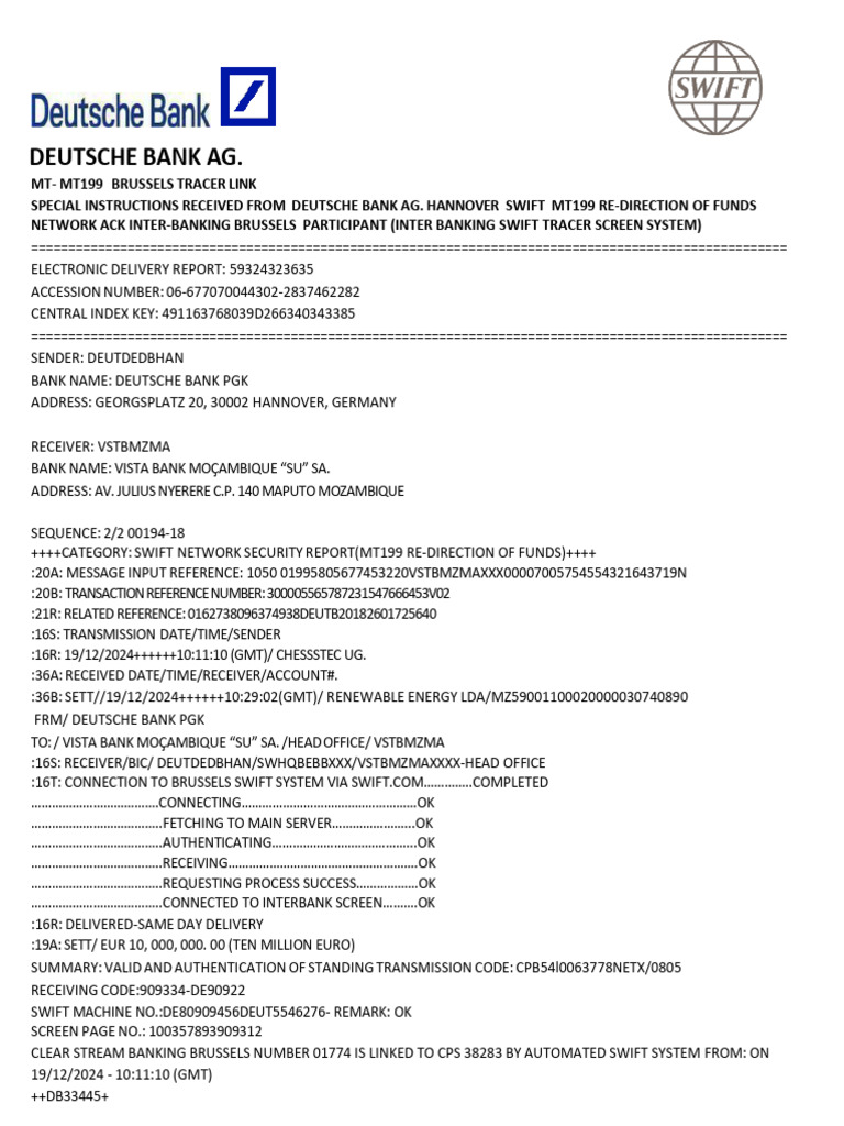 Deutsche Bank MT199 Fund Re-Direction | PDF | Transmission Control Protocol | Computer Networking