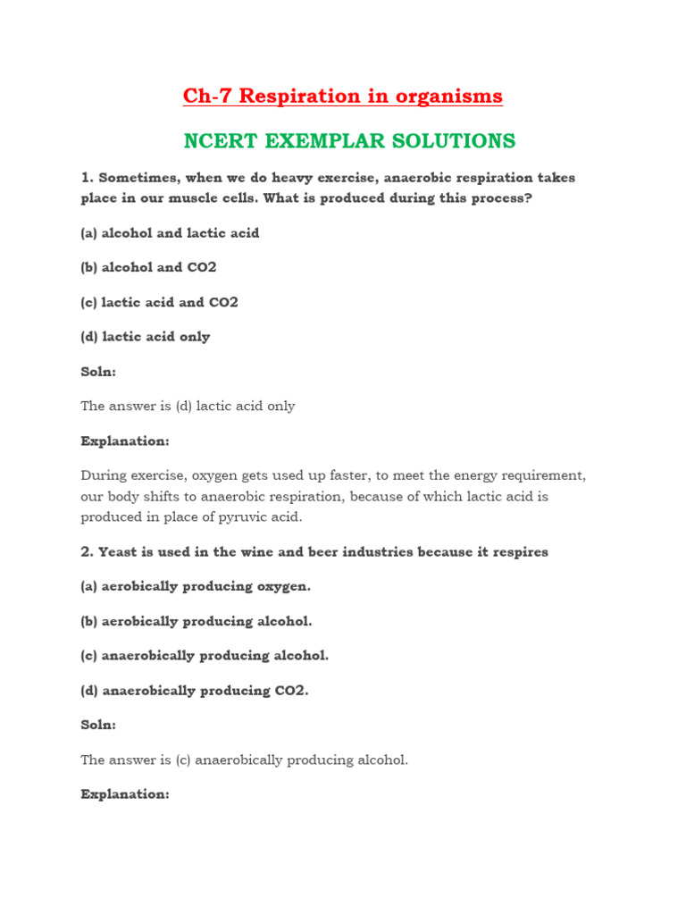 RESPIRATION IN ORGANISMS-NCERT EXEMPLAR SOLUTIONS | PDF | Respiratory ...