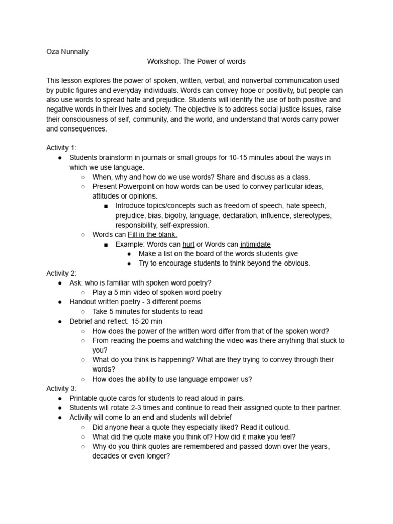 Lesson Plan - The Power of Words | PDF | Human Communication | Prejudices