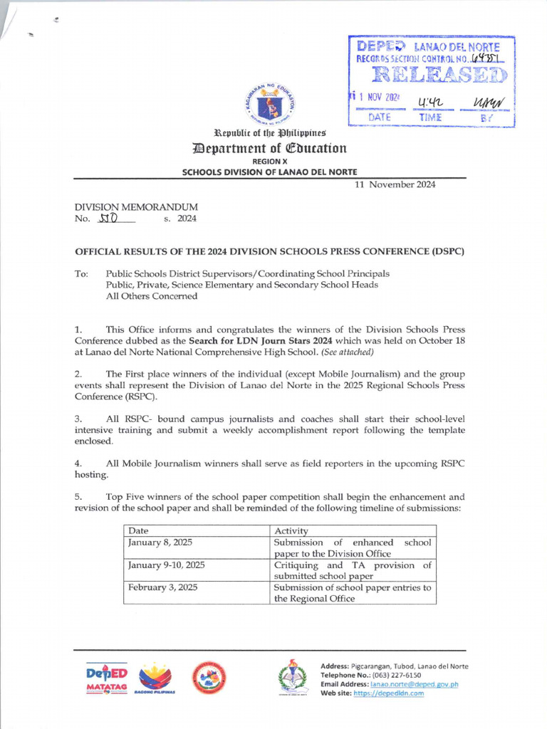 OFFICIAL-RESULT-OF-THE-2024-DIVISION-SCHOOLS-PRESS-CONFERENCE-DSPC | PDF