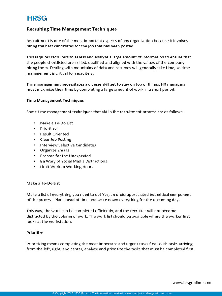 Recruiting Time Management Techniques | PDF | Recruitment | Time Management