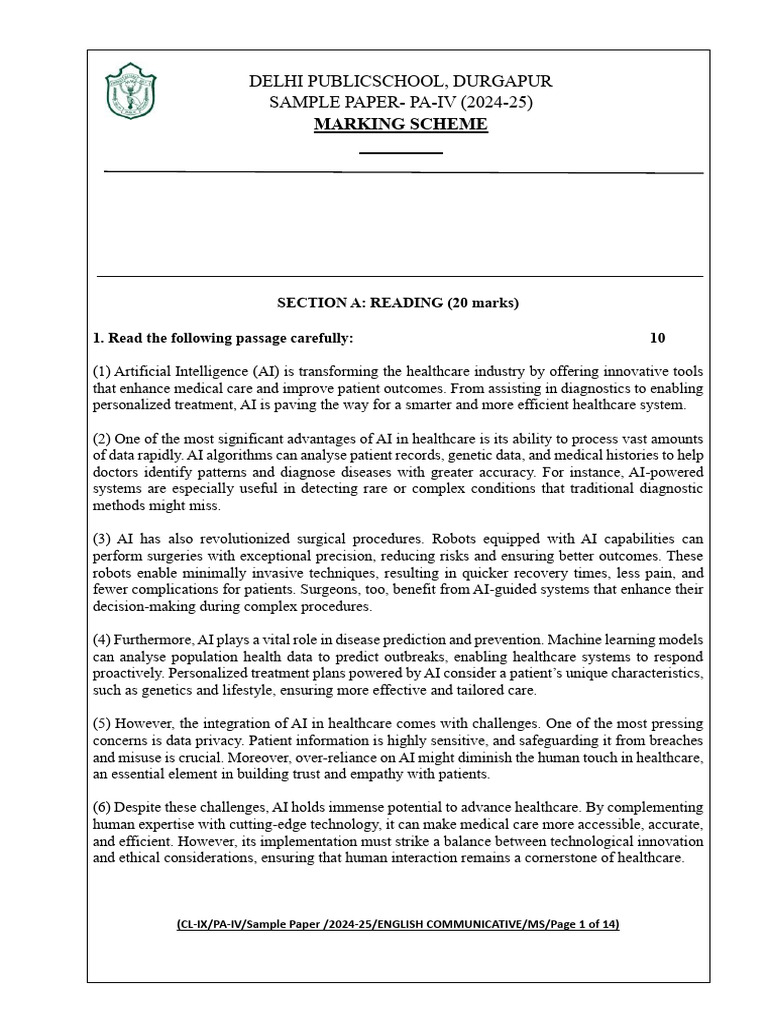 Class 9 PA 2 EXAM Sample Paper MS 2024-25 | PDF | Artificial ...