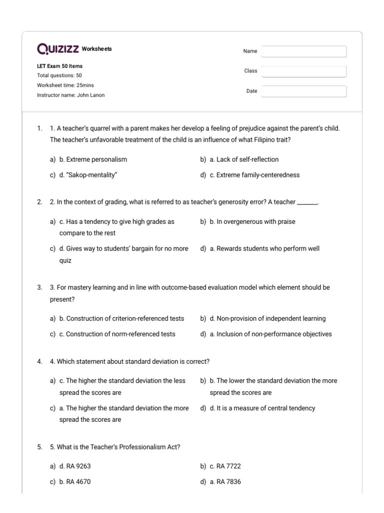 LET Exam Worksheets for Educators | PDF | Learning | Educational Assessment