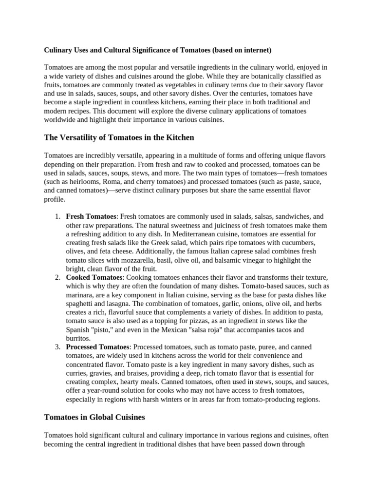 Culinary Uses of Tomatoes Worldwide | PDF | Sauce | Tomato