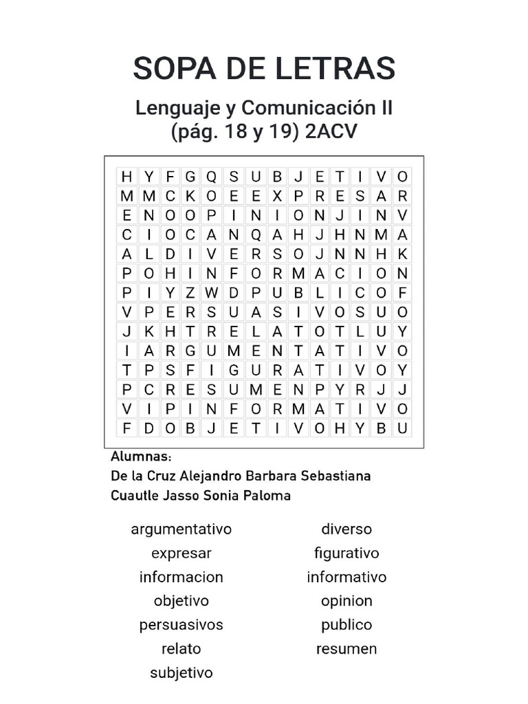 Sopa de Letras Lenguaje y Comunicación II | PDF