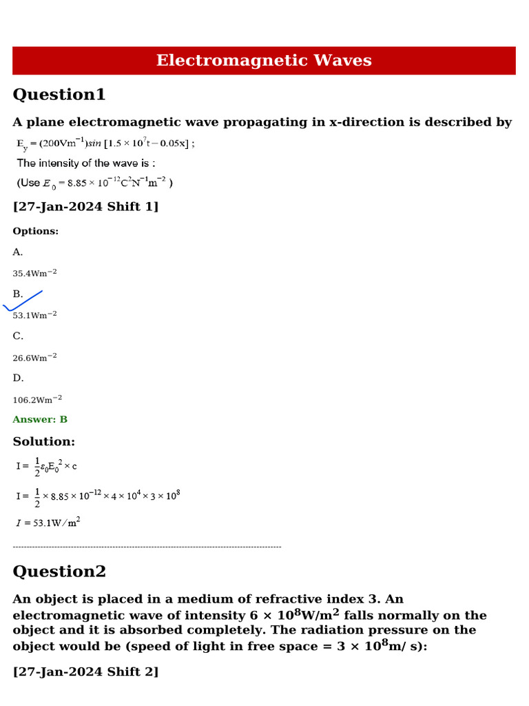 Electromagnetic Waves Jee Pyq From Self Study | PDF | Electromagnetic Radiation | Waves
