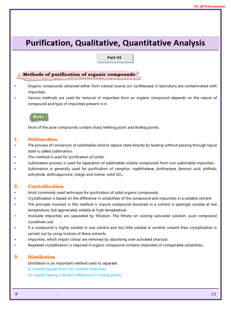 Purification, Qualitative, Quantitative Analysis Notes | PDF ...