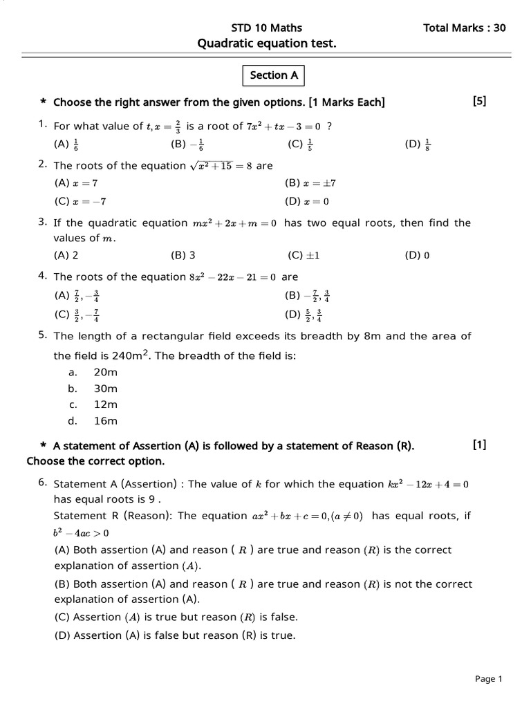 Quadratic Equation Test | PDF | Mathematical Concepts | Mathematics